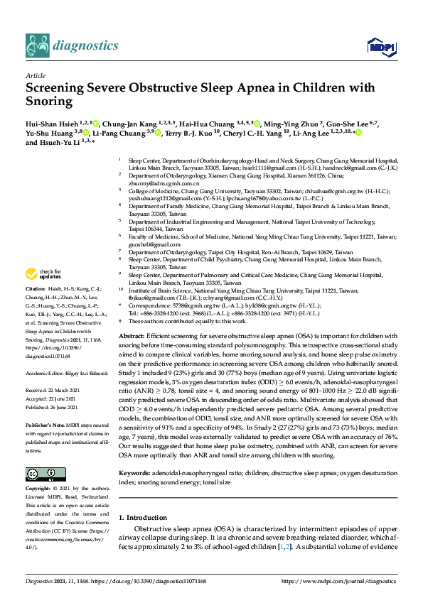 (PDF) Screening for Severe OSA in Snoring Children