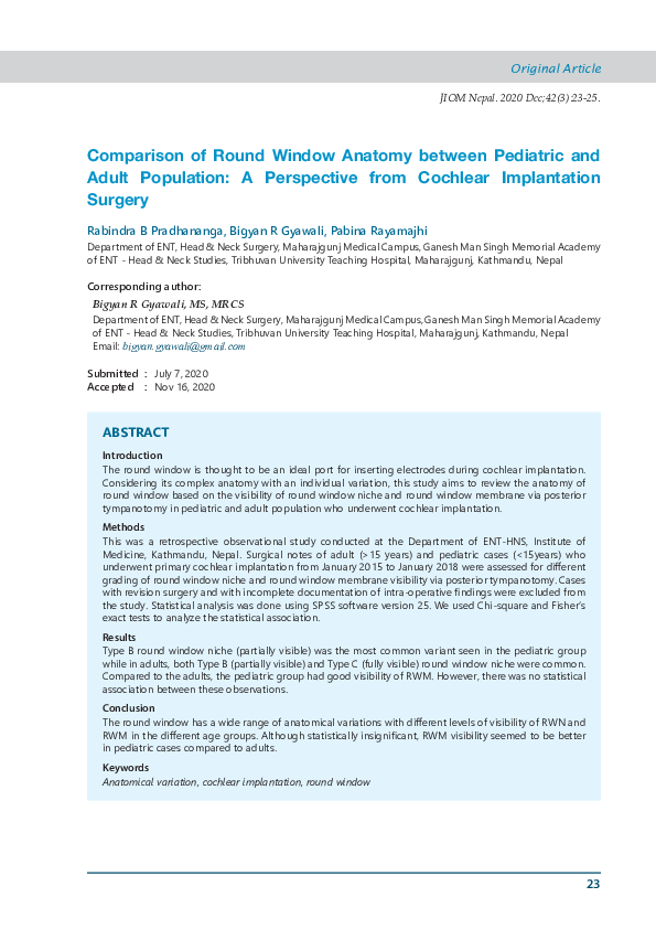 (PDF) Comparison of Round Window Anatomy between Pediatric and Adult ...