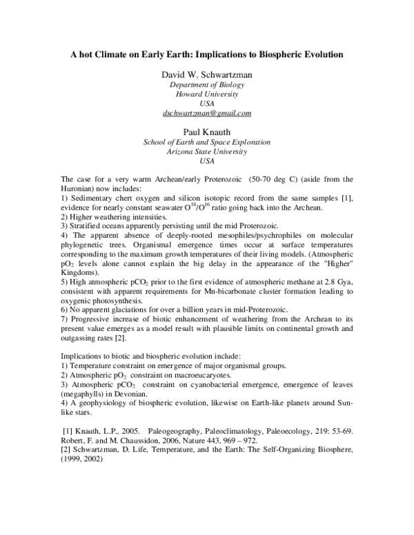 (PDF) A Hot Climate on Early Earth: Implications to Biospheric Evolution
