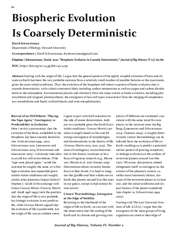 (PDF) Biospheric Evolution Is Coarsely Deterministic