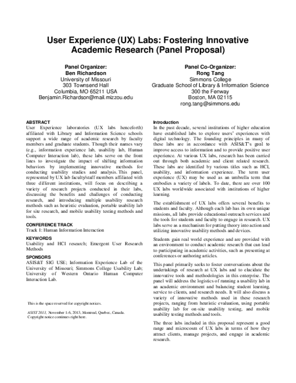 (PDF) User experience (UX) labs: Fostering innovative academic research (panel proposal)