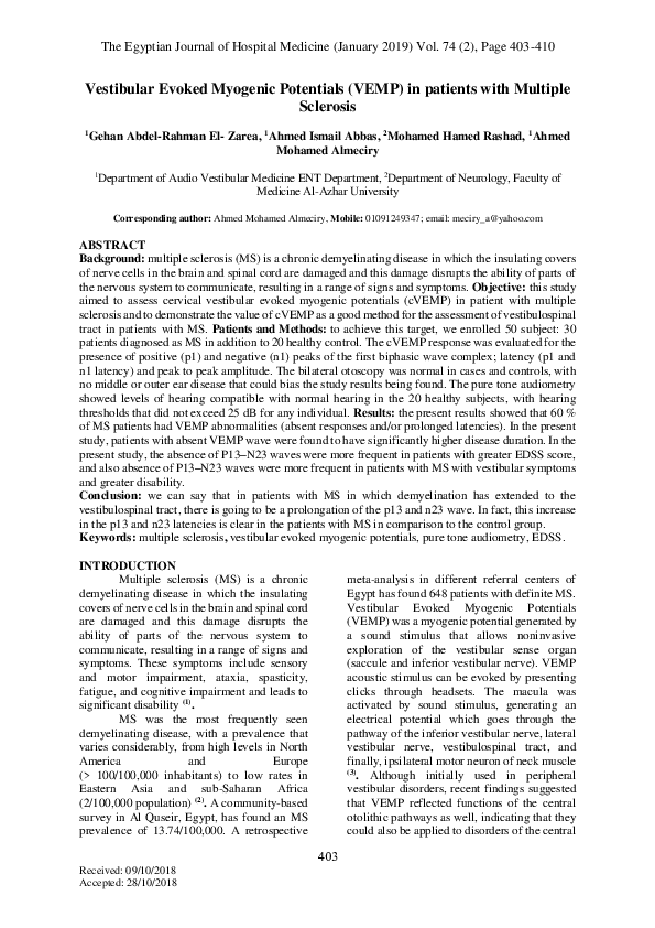 (PDF) Vestibular Evoked Myogenic Potentials (VEMP) in patients with Multiple Sclerosis