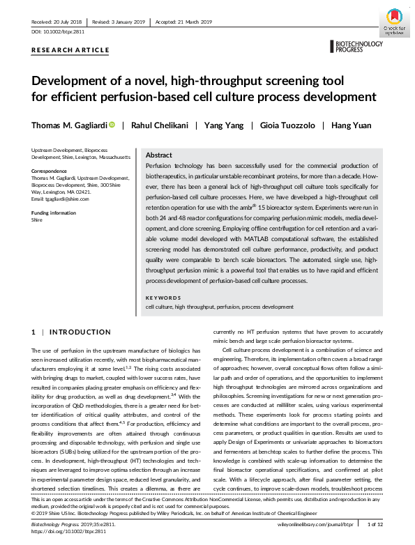 Pdf Development Of A Novel High‐throughput Screening Tool For Efficient Perfusion‐based Cell