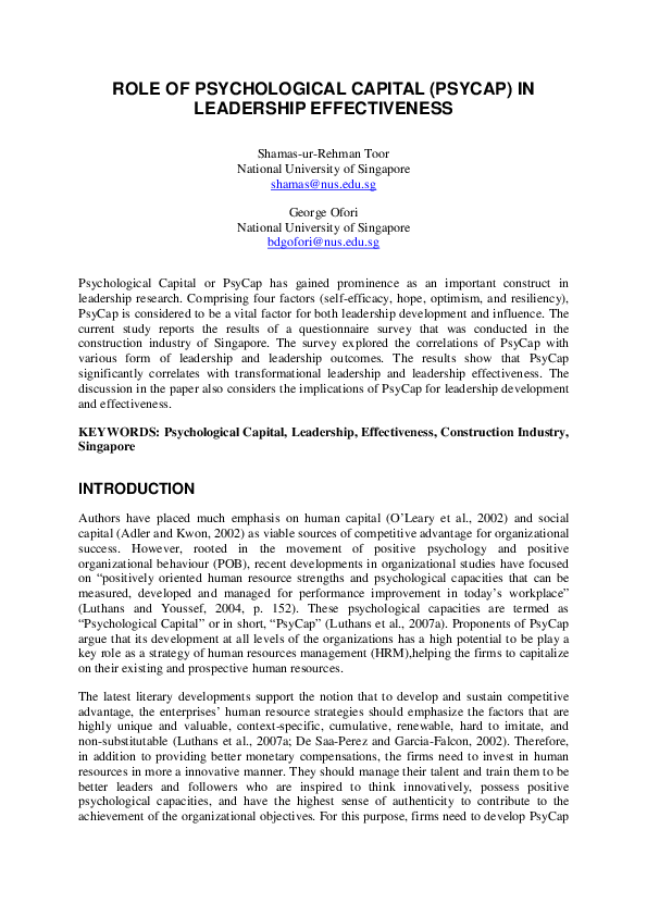(PDF) Role of Psychological Capital ( Psycap ) in Leadership Effectiveness
