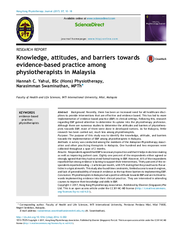 (PDF) Knowledge, attitudes, and barriers towards evidence-based practice among physiotherapists ...