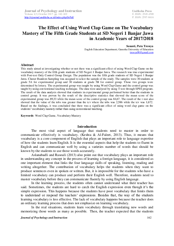 (PDF) The Effect of Using Word Clap Game on The Vocabulary Mastery of ...