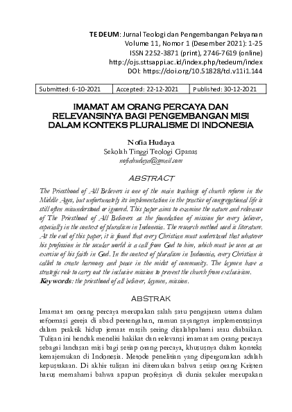 (PDF) Imamat am orang percaya dan relevansinya bagi pengembangan misi dalam konteks pluralisme ...