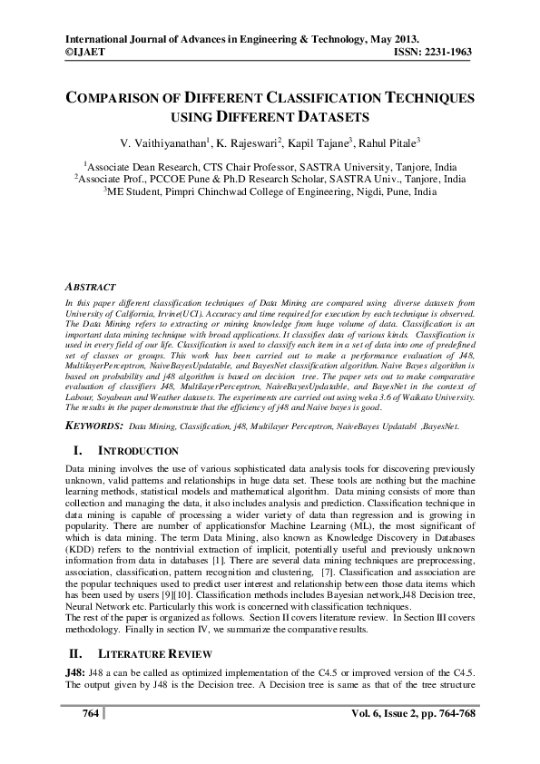 (PDF) Comparison of Different Classification Techniques Using Different Datasets