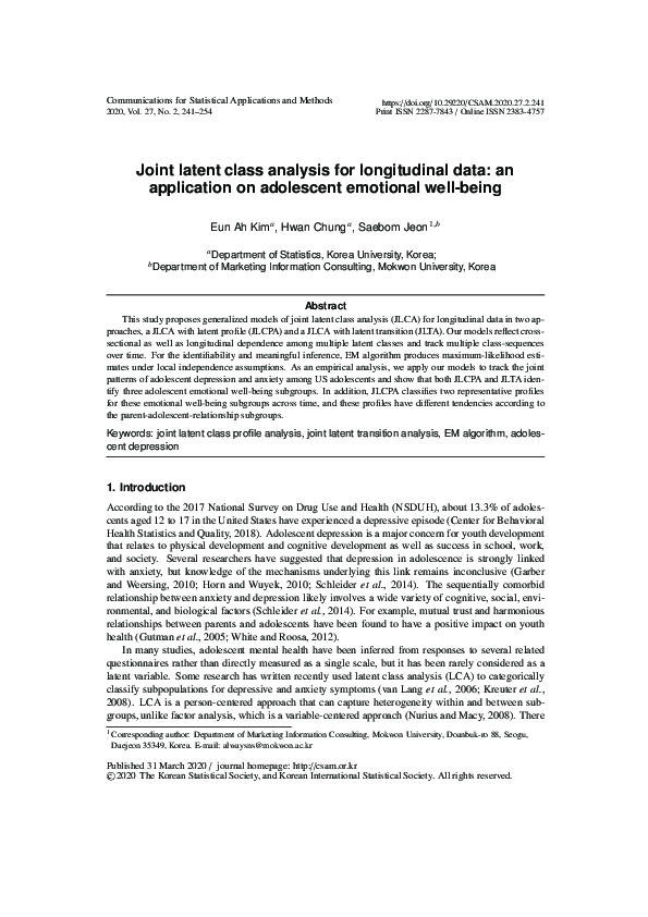 Pdf Joint Latent Class Analysis For Longitudinal Data An Application