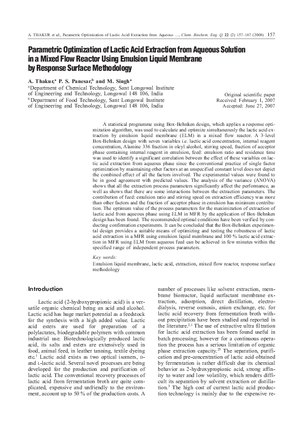 (PDF) Parametric Optimization of Lactic Acid Extraction from Aqueous ...