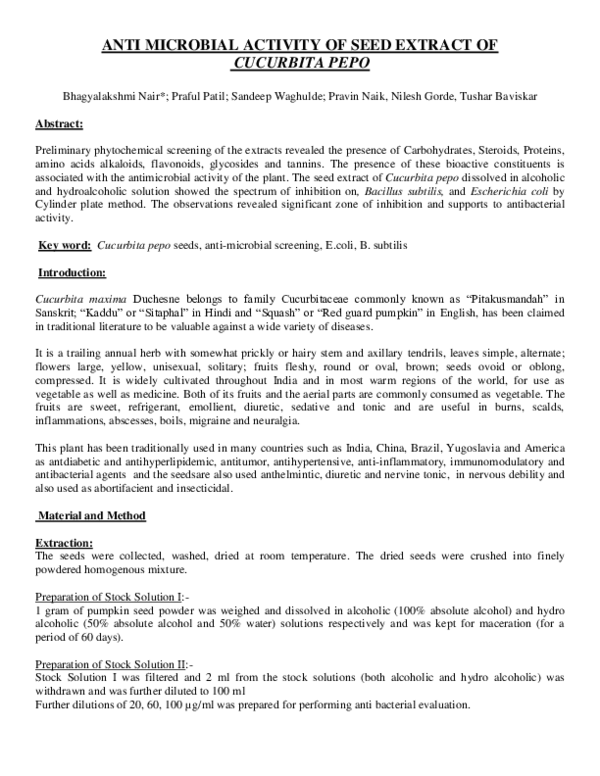 (PDF) ANTI MICROBIAL ACTIVITY OF SEED EXTRACT OF CUCURBITA PEPO