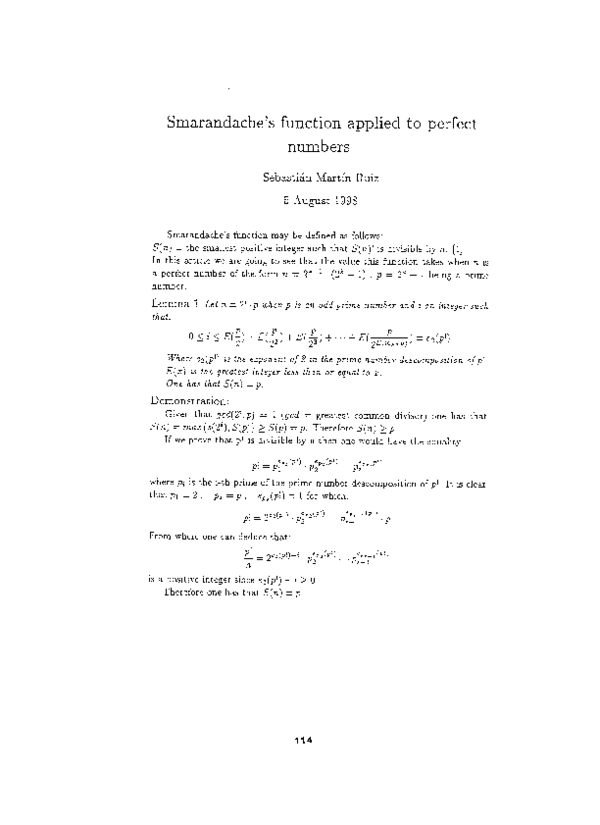 (PDF) Smarandache's function applied to perfect numbers