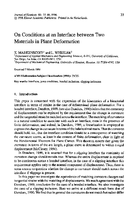 (PDF) On conditions at an interface between two materials in plane ...
