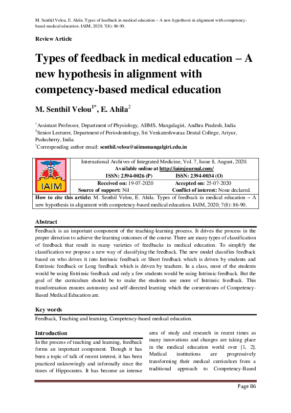 (PDF) Types of feedback in medical education -A new hypothesis in ...