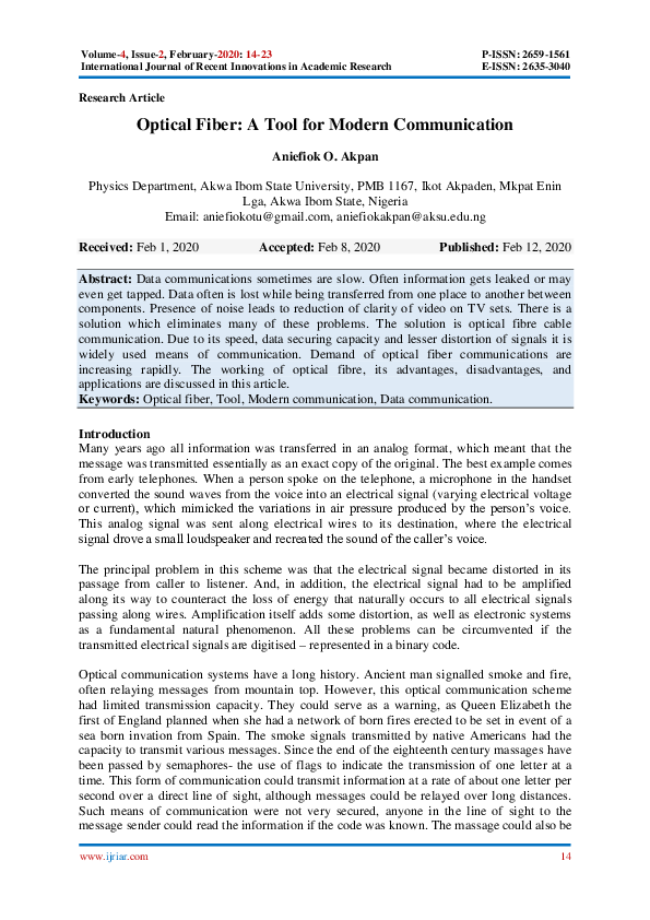 (PDF) Optical Fiber: A Tool for Modern Communication