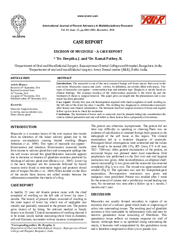 (PDF) Excision of Mucocele – a Case Report