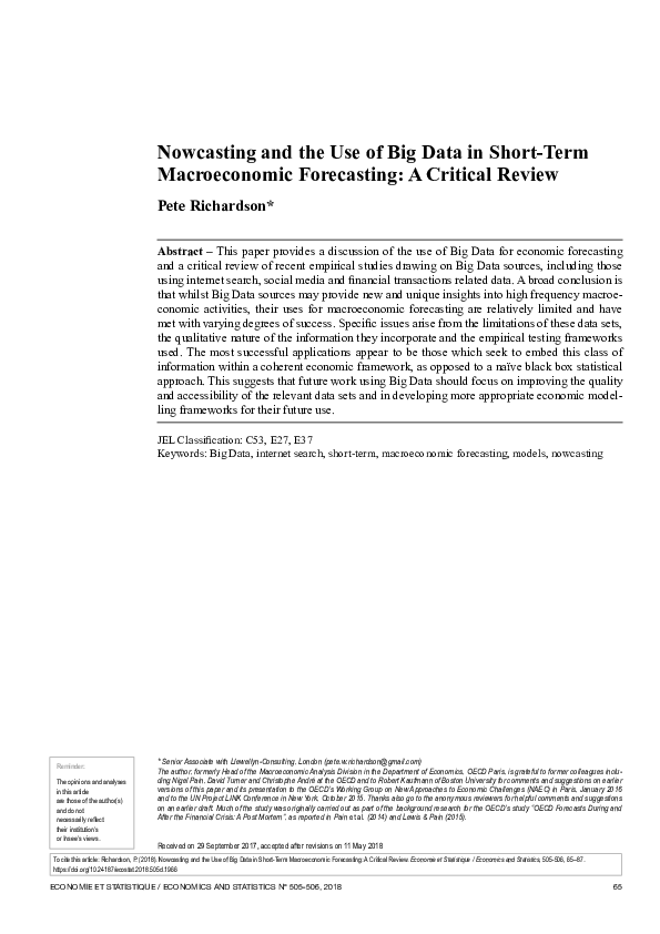(PDF) Nowcasting and the Use of Big Data in Short-Term Macroeconomic Forecasting: A Critical Review