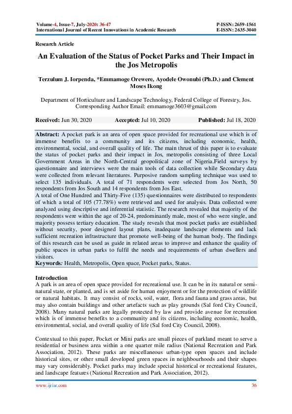 (PDF) An Evaluation of the Status of Pocket Parks and Their Impact in ...