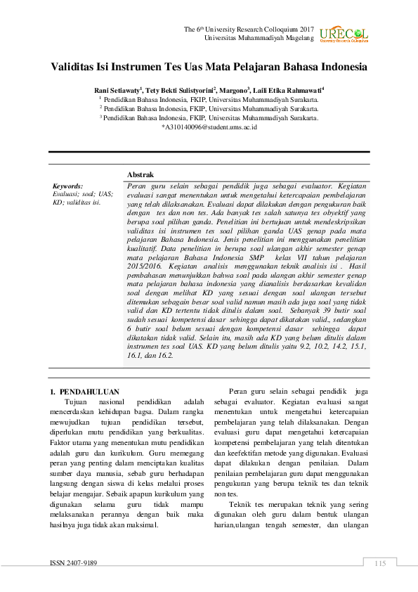 (PDF) Validitas Isi Instrumen Tes UAS Mata Pelajaran Bahasa Indonesia