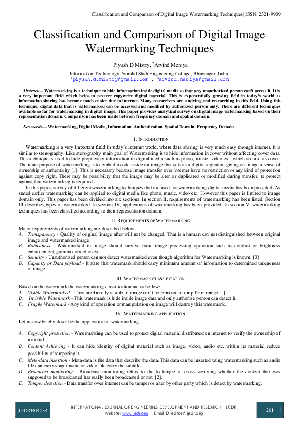 (PDF) Classification and Comparison of Digital Image Watermarking ...