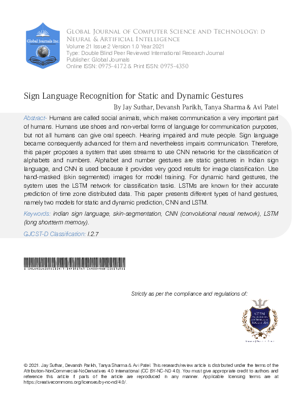 (PDF) Sign Language Recognition for Static and Dynamic Gestures