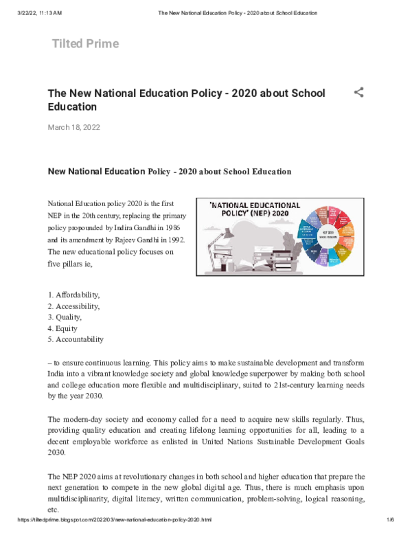 (PDF) New National Education Policy -2020 about School Education