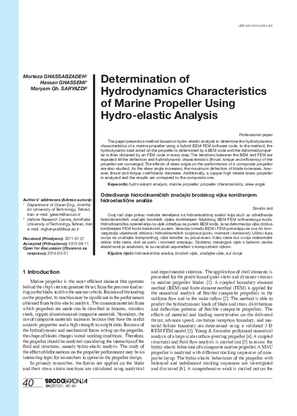 (PDF) Determination of Hydrodynamics Characteristics of Marine Propeller Using Hydro-elastic ...