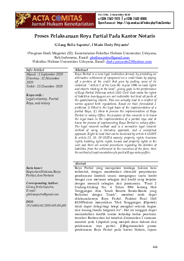 (PDF) Proses Pelaksanaan Roya Partial Pada Kantor Notaris