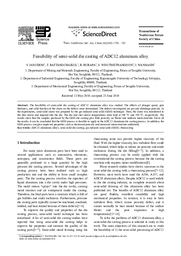 (PDF) Feasibility of semi-solid die casting of ADC12 aluminum alloy