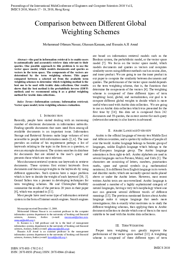 (PDF) Comparison between Different Global Weighting Schemes
