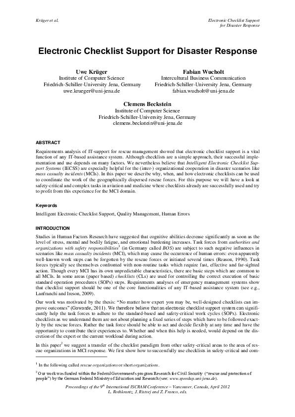 (PDF) Electronic checklist support for disaster response