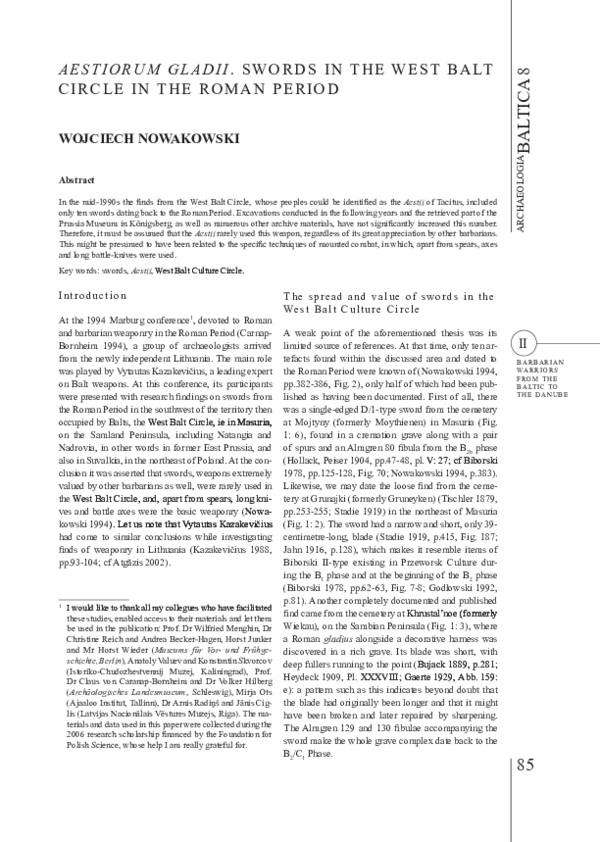 (PDF) Aestiorum Gladii. Swords in the west balt circle in the Roman Period