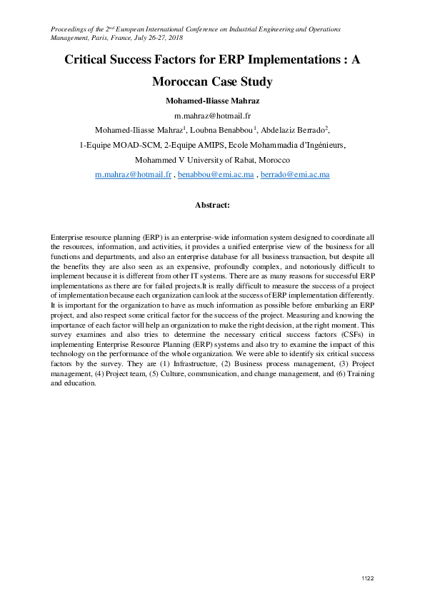 (PDF) Critical Success Factors for ERP Implementations : A Moroccan ...