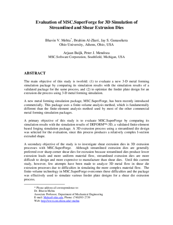 (PDF) Evaluation of MSC. SuperForge for 3D Simulation of Streamlined and Shear Extrusion Dies
