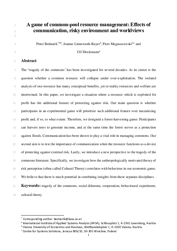 (PDF) A Game of Common-pool Resource Management: Effects of ...