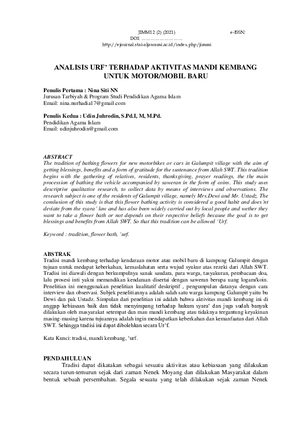 (PDF) ANALISIS URF TERHADAP AKTIVITAS MANDI KEMBANG UNTUK MOTOR/MOBIL BARU