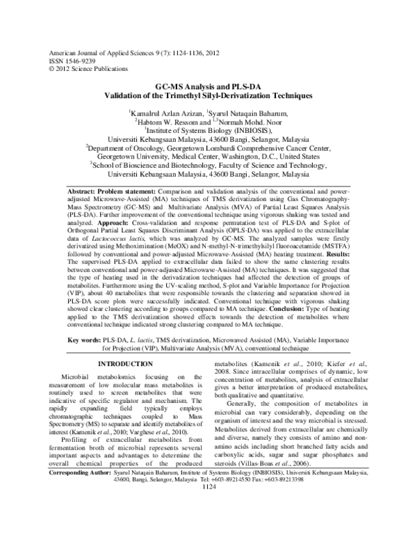 (PDF) GC-MS Analysis and PLS-DA Validation of the Trimethyl Silyl ...