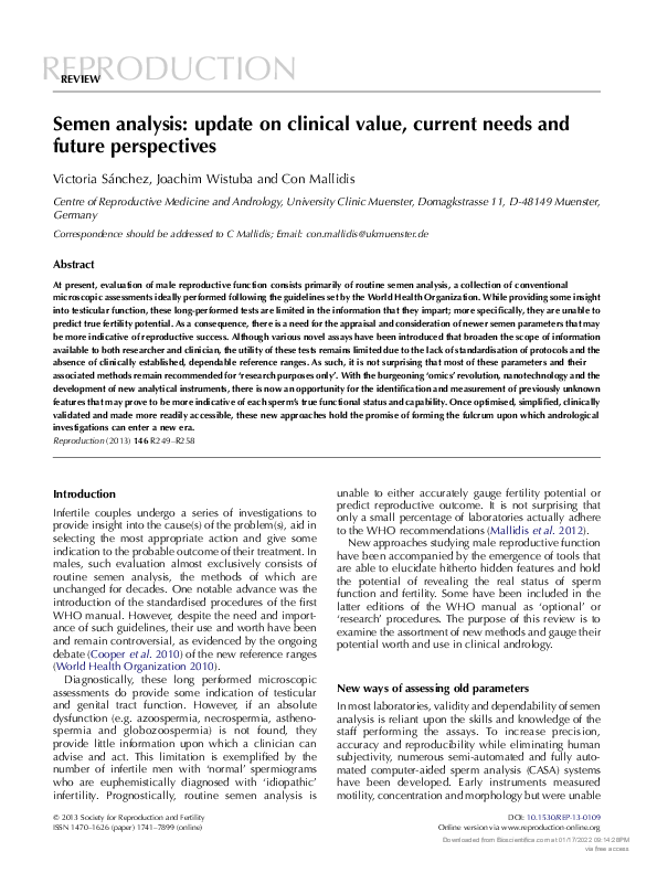 (PDF) Semen analysis: update on clinical value, current needs and future perspectives
