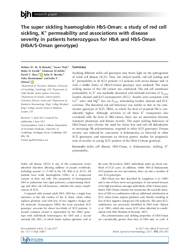 (PDF) The super sickling haemoglobin HbS‐Oman: a study of red cell ...