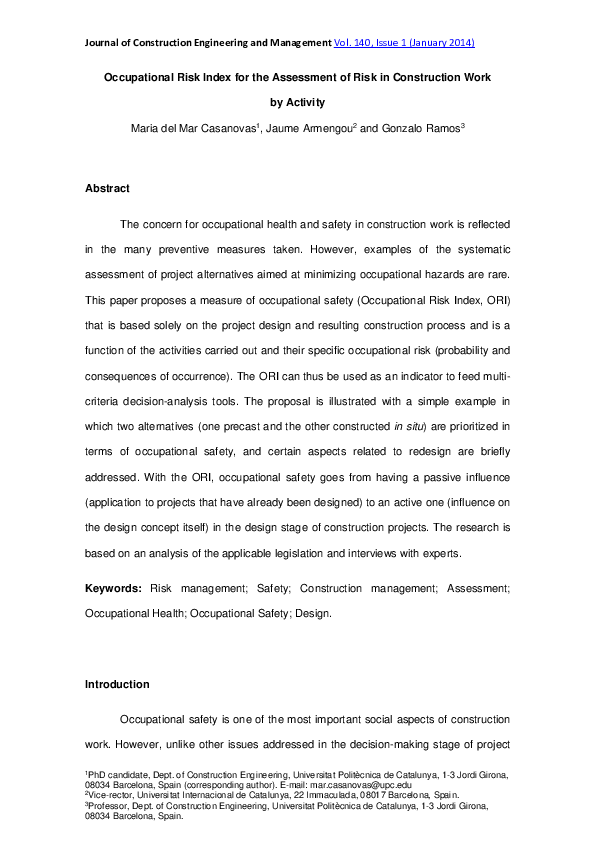 (PDF) Occupational Risk Index for Assessment of Risk in Construction ...