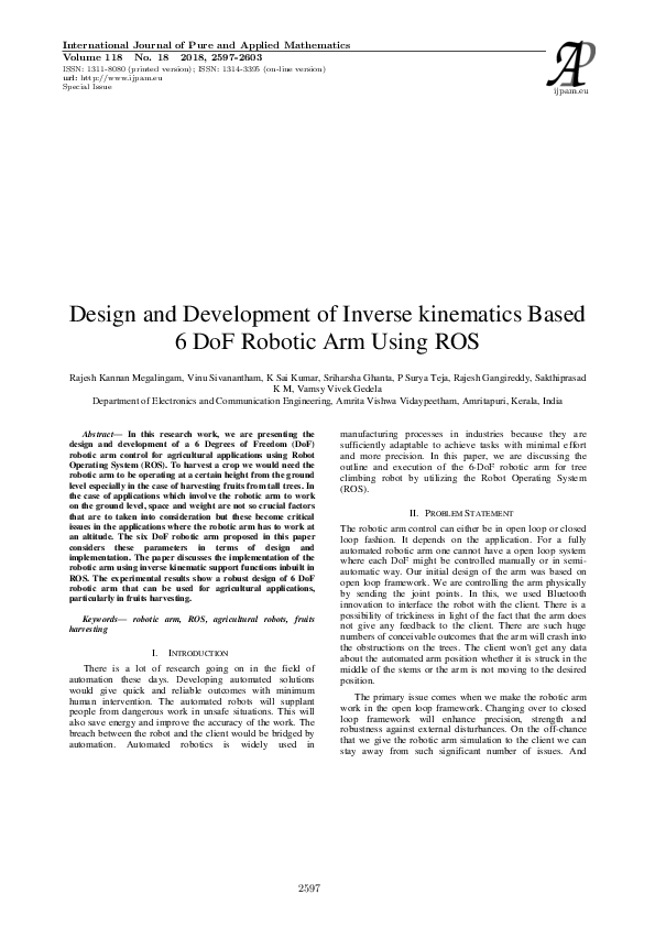 (PDF) Design and Development of Inverse kinematics Based 6 DoF Robotic Arm Using ROS