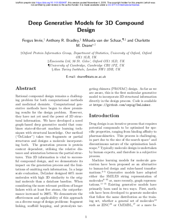 (PDF) Deep Generative Models for 3D Compound Design