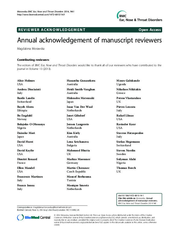 (PDF) Annual acknowledgement of manuscript reviewers