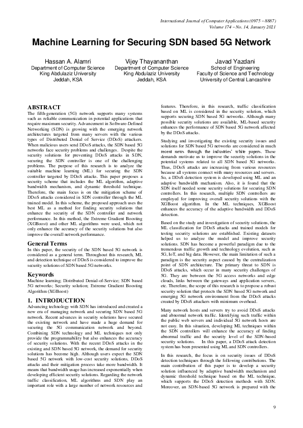 (PDF) Machine Learning for Securing SDN based 5G Network