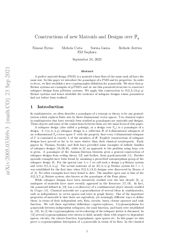 (PDF) Constructions of new matroids and designs over GF(q)