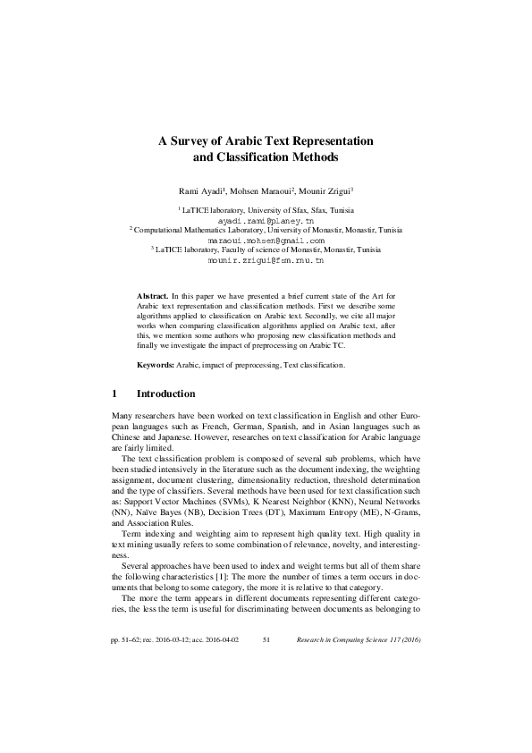 Pdf A Survey Of Arabic Text Representation And Classification Methods