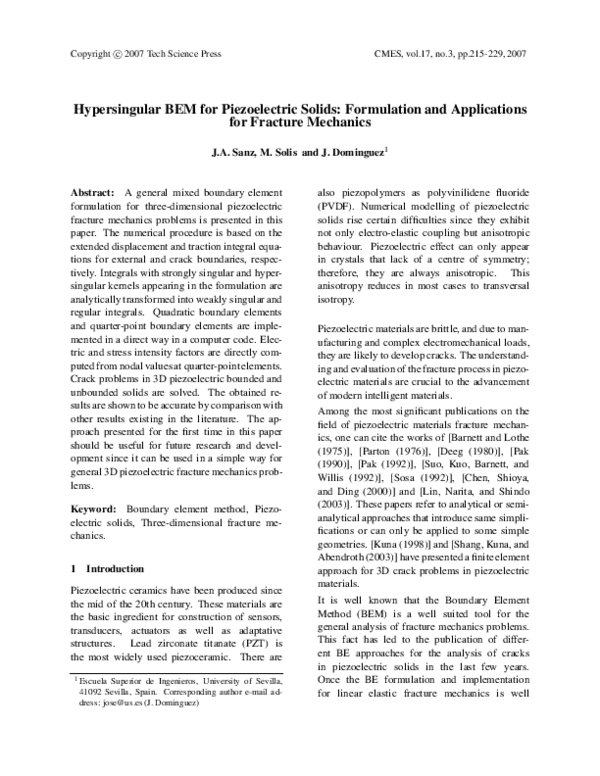 (PDF) Hypersingular BEM for Piezoelectric Solids: Formulation and Applications for FractureMechanics