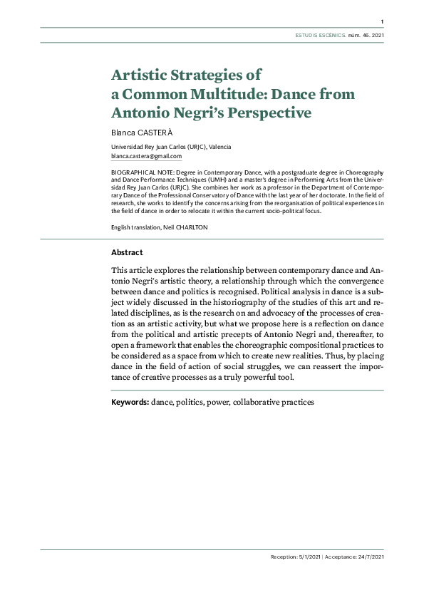 (PDF) Artistic Strategies of a Common Multitude: Dance from Antonio ...