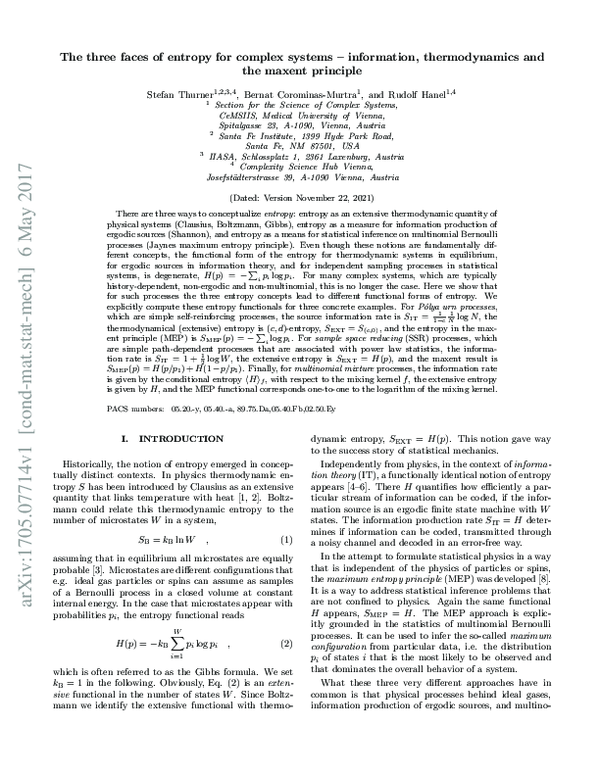 (PDF) Three faces of entropy for complex systems: Information, thermodynamics, and the maximum ...