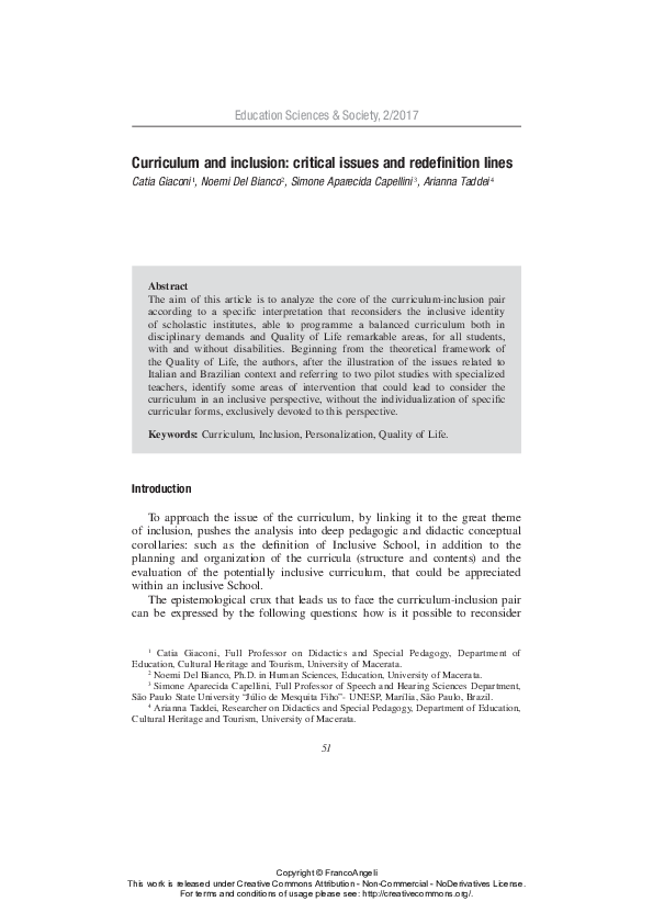 (PDF) Curriculum and inclusion: critical issues and redefinition lines ...